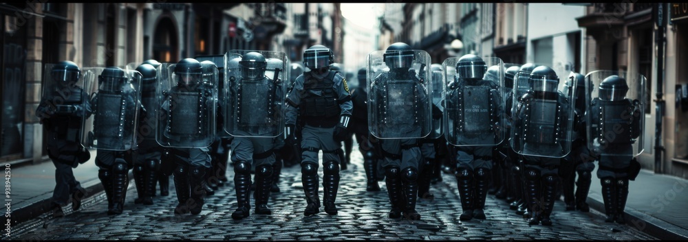 A group of riot police in full gear marching down a cobbled street in ...