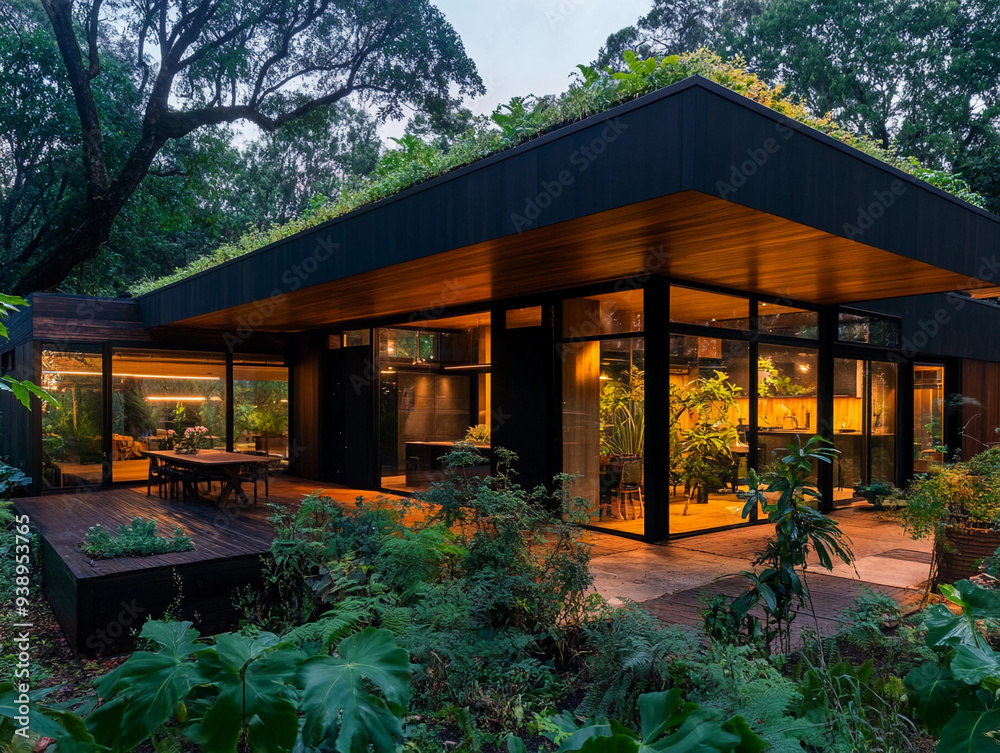 eco-friendly home with a living roof, surrounded by lush native ...