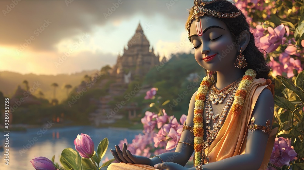 Krishna meditating in a garden with temple background Stock ...