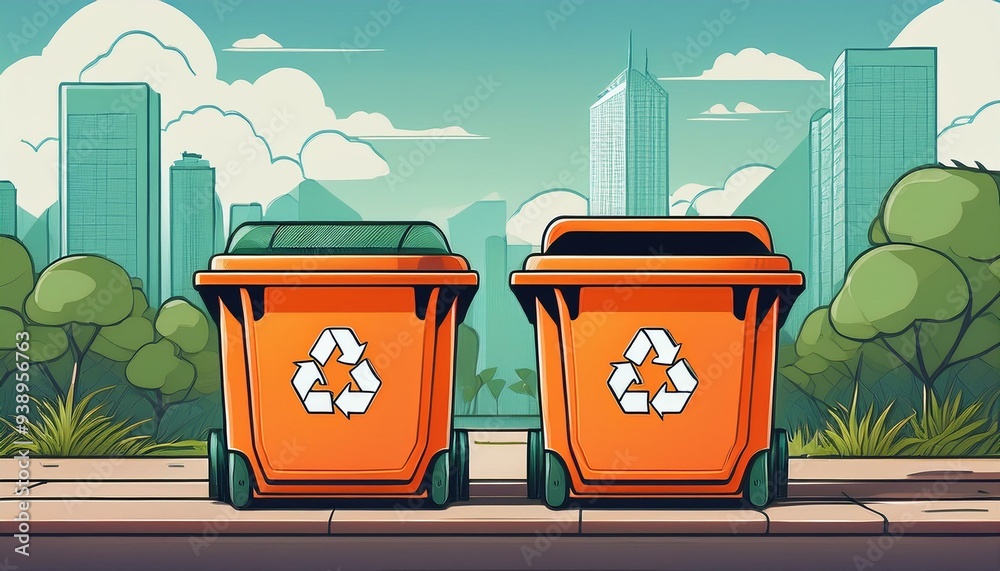 Open and closed orange trash bins with recycle symbols, flat style ...