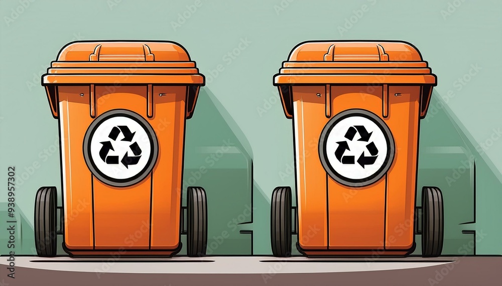 Open and closed orange trash bins with recycle symbols, flat style ...