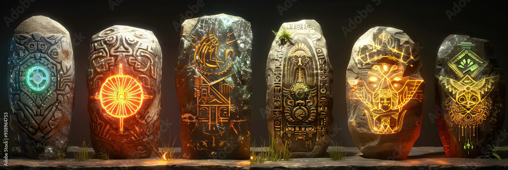 Ancient Artifacts of Wisdom: A collection of carved stones, each ...