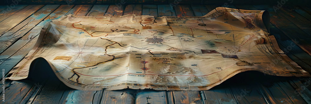 Lost Civilizations Beckon: An open map sprawled across a worn, wooden ...