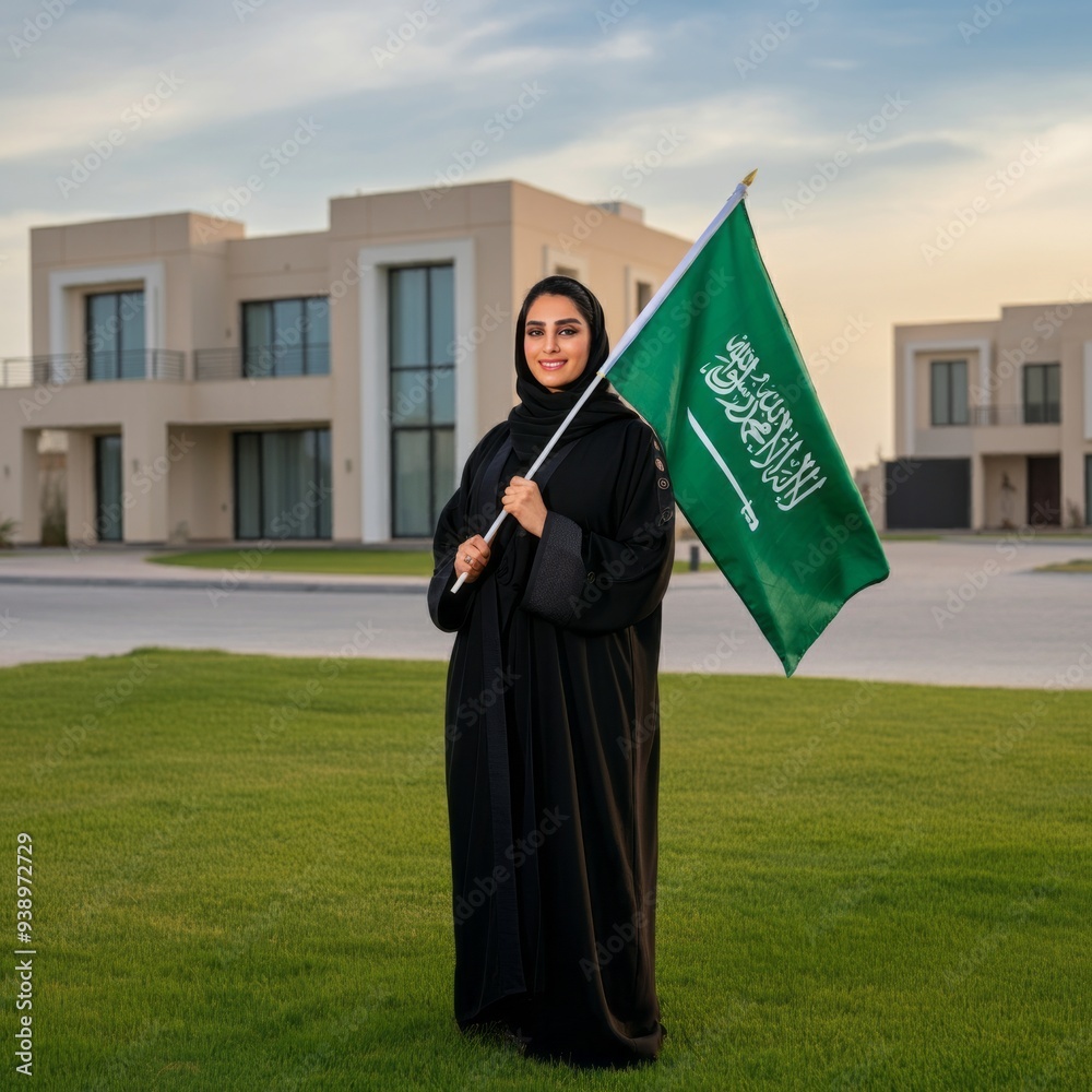 Saudi woman holding Saudi Arabia flag iisolated on house building ...