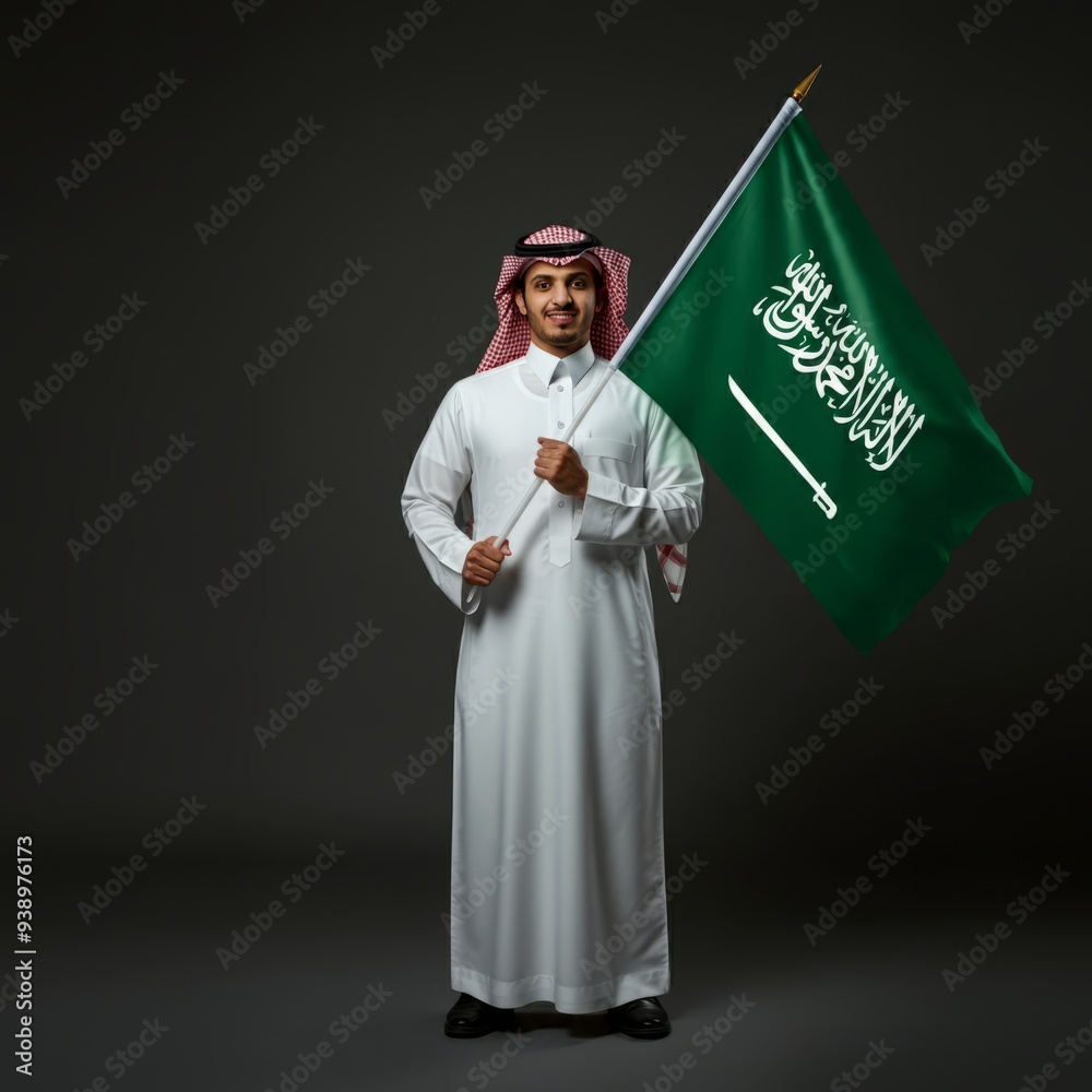 Saudi man holding Saudi Arabia flag isolated on green background ...