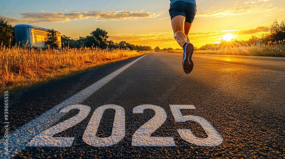 Happy New Year 2025 A fresh start for 2025 depicted by a runner taking ...
