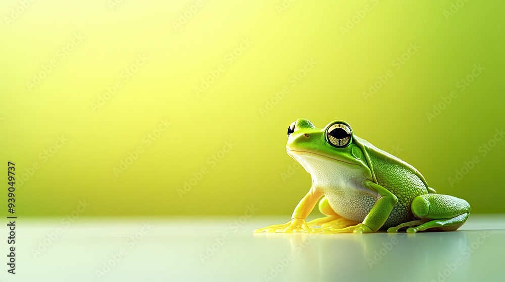 A minimalist scene of a green frog sitting quietly on a bright surface ...