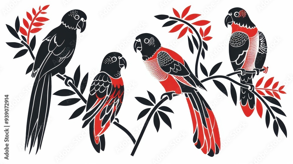 Parrots linocut with botanical plant, black silhouette line style. Hand ...