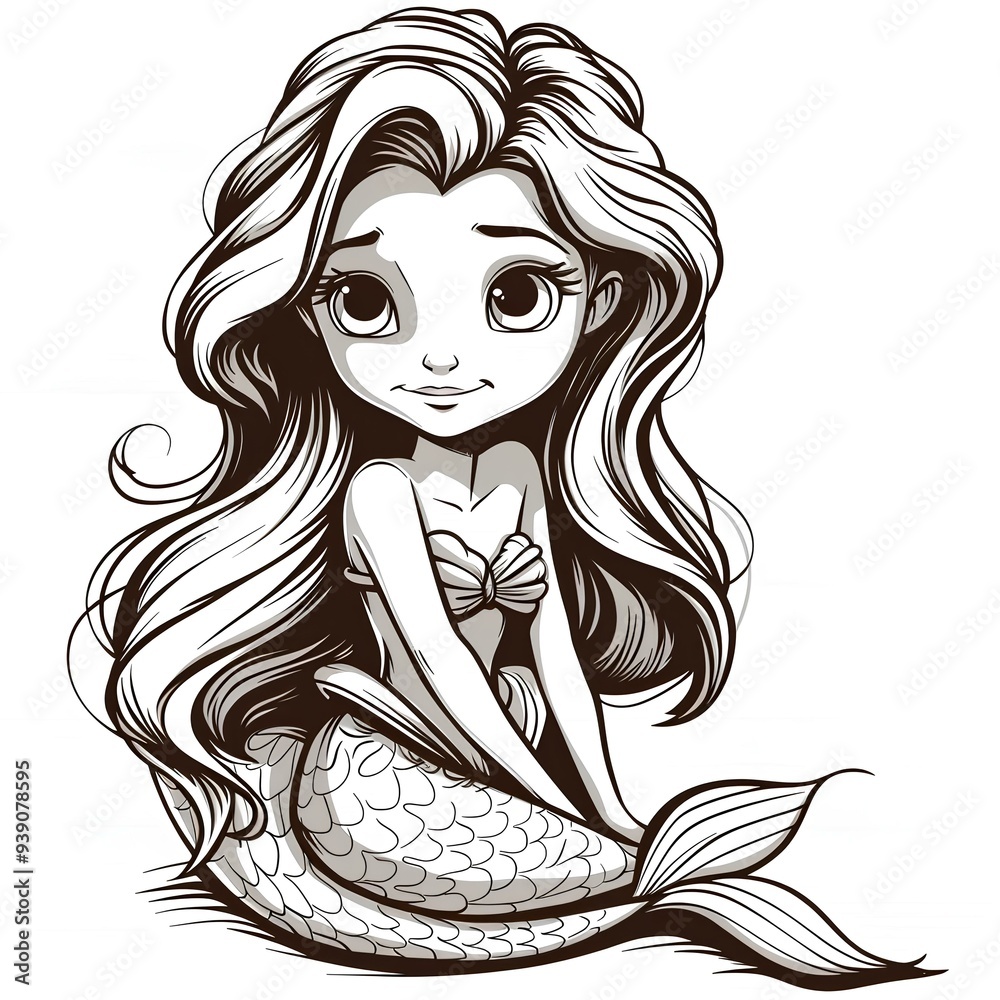 sketch drawing of cartoon mermaid, illustration of a mermaid, coloring ...