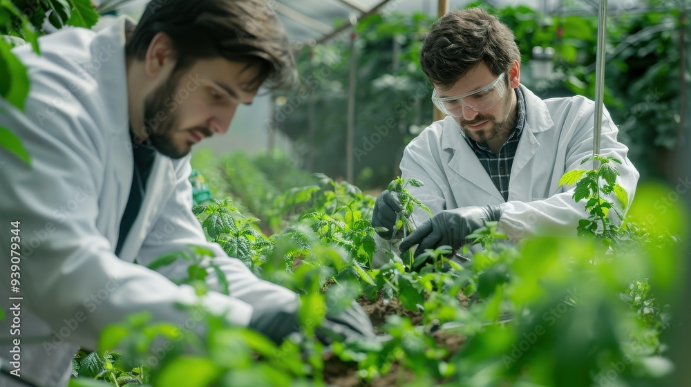 Scientists working on genetically modified crops in a greenhouse ...
