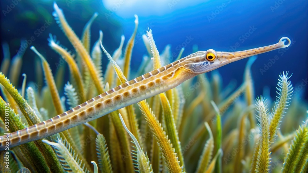 Delicate, cream-colored pipefish with iridescent scales swim amidst a ...