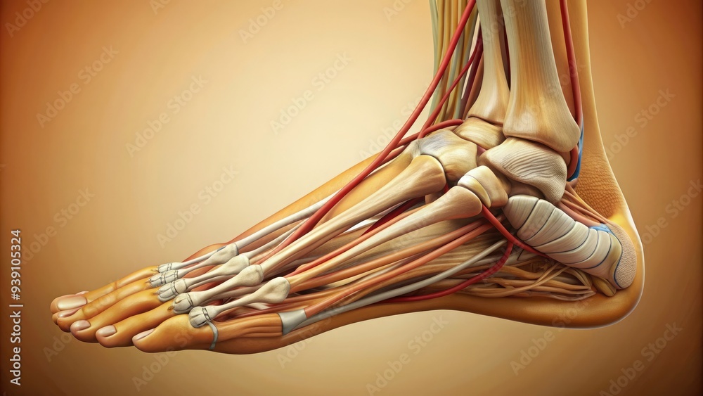 Detailed illustration of the human foot anatomy, showcasing the ...