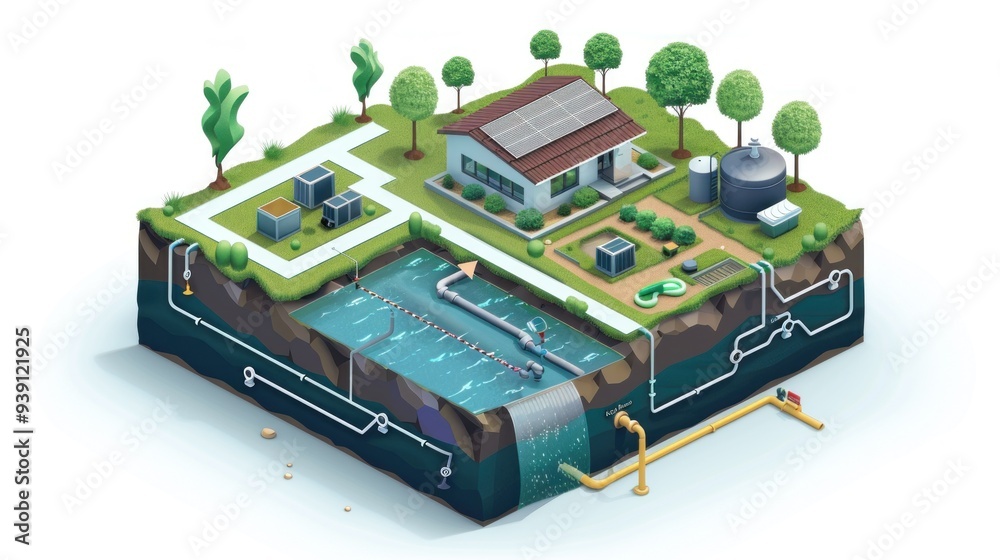 Rainwater harvesting system isometric diagram, illustration scheme with ...