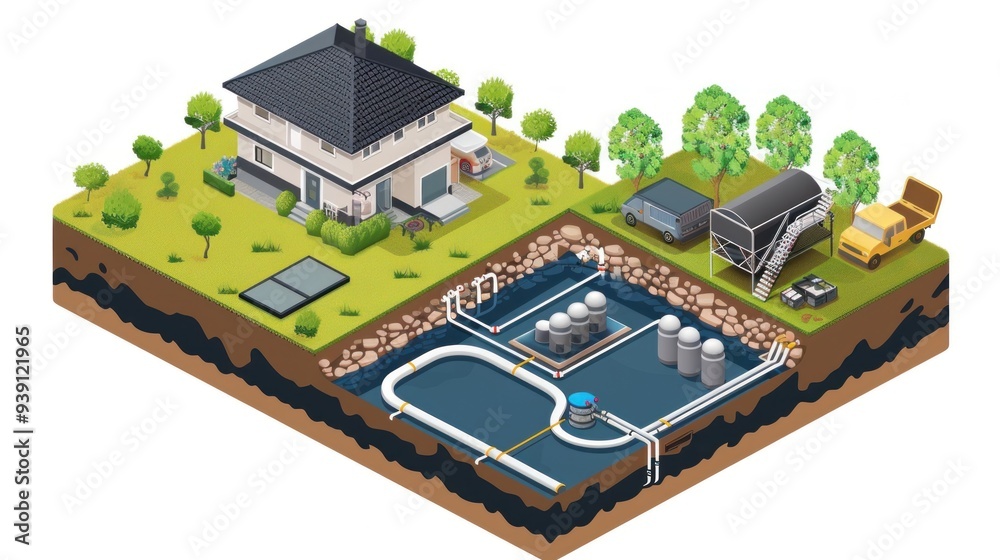 Rainwater harvesting system isometric diagram, illustration scheme with ...