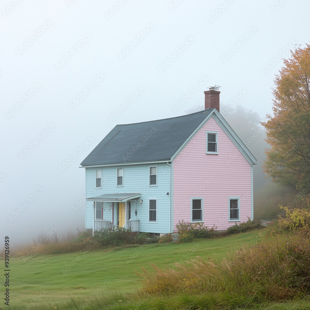 Traditional Saltbox House Painted in Pastel Colors at Foggy Morning ...