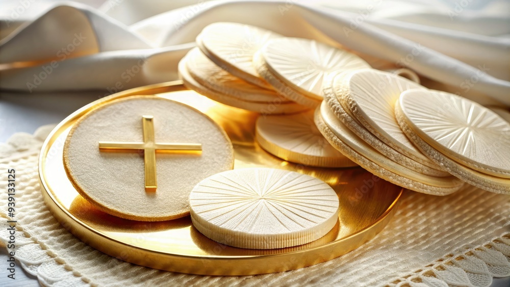 Golden communion wafers with a cross in the center are placed on a ...