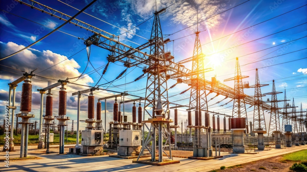 High-voltage electrical substation with towering transmission lines ...