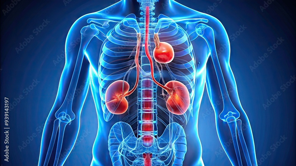 Illustration of human kidneys filtering blood, showing urinary system ...