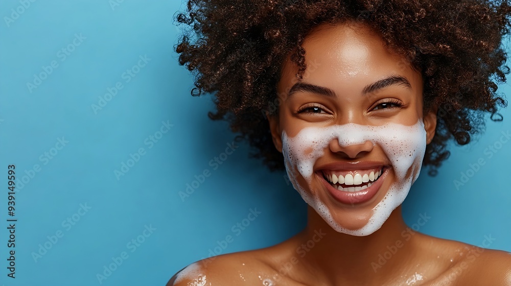 Cheerful black female model applies foaming cleanser has clean fresh ...