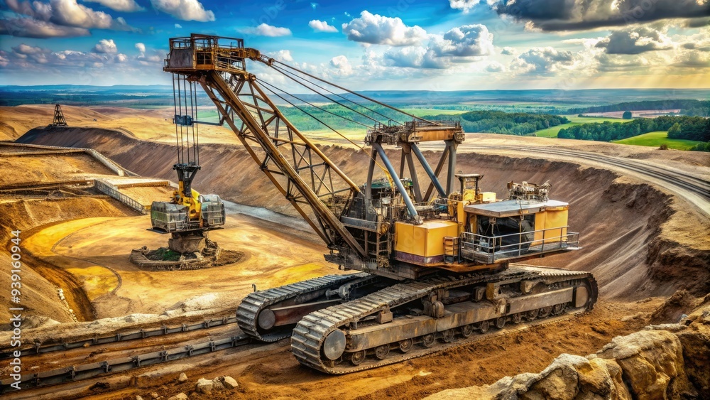 Massive rotary excavator digs into earthy terrain, its rotating drum ...