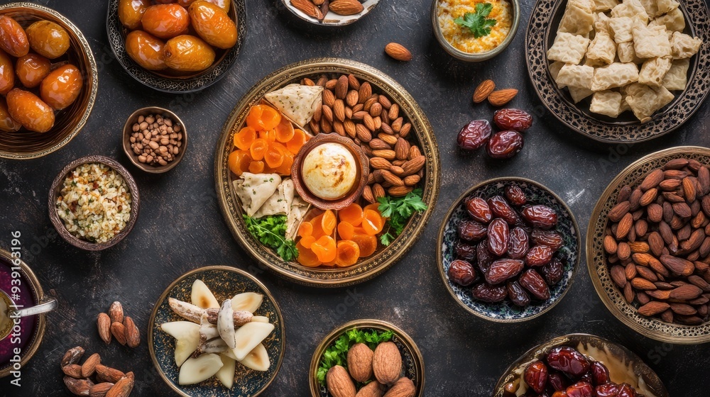 Ramadan feast with a luxurious assortment of traditional Arabic food ...