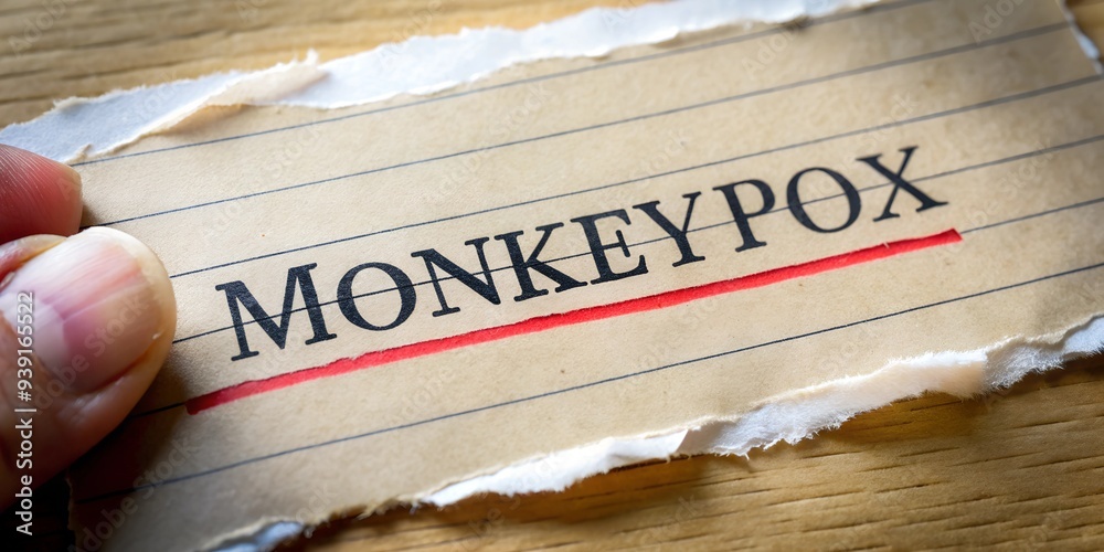 The word "Monkeypox" written in bold black letters on a piece of torn ...