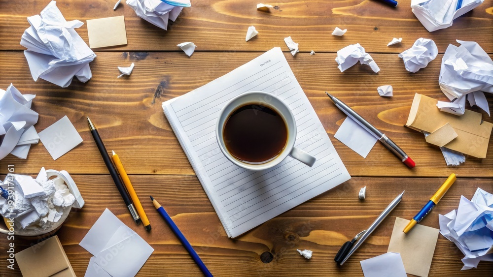 Overwhelmed and exhausted, a cluttered desk with scattered papers ...