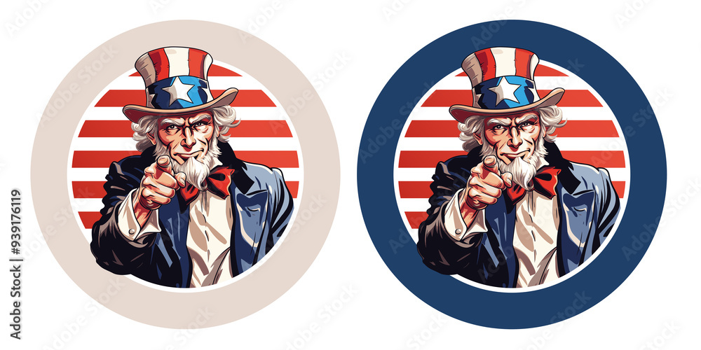 Uncle Sam stamp, round blank sticker, American patriotic colors ...