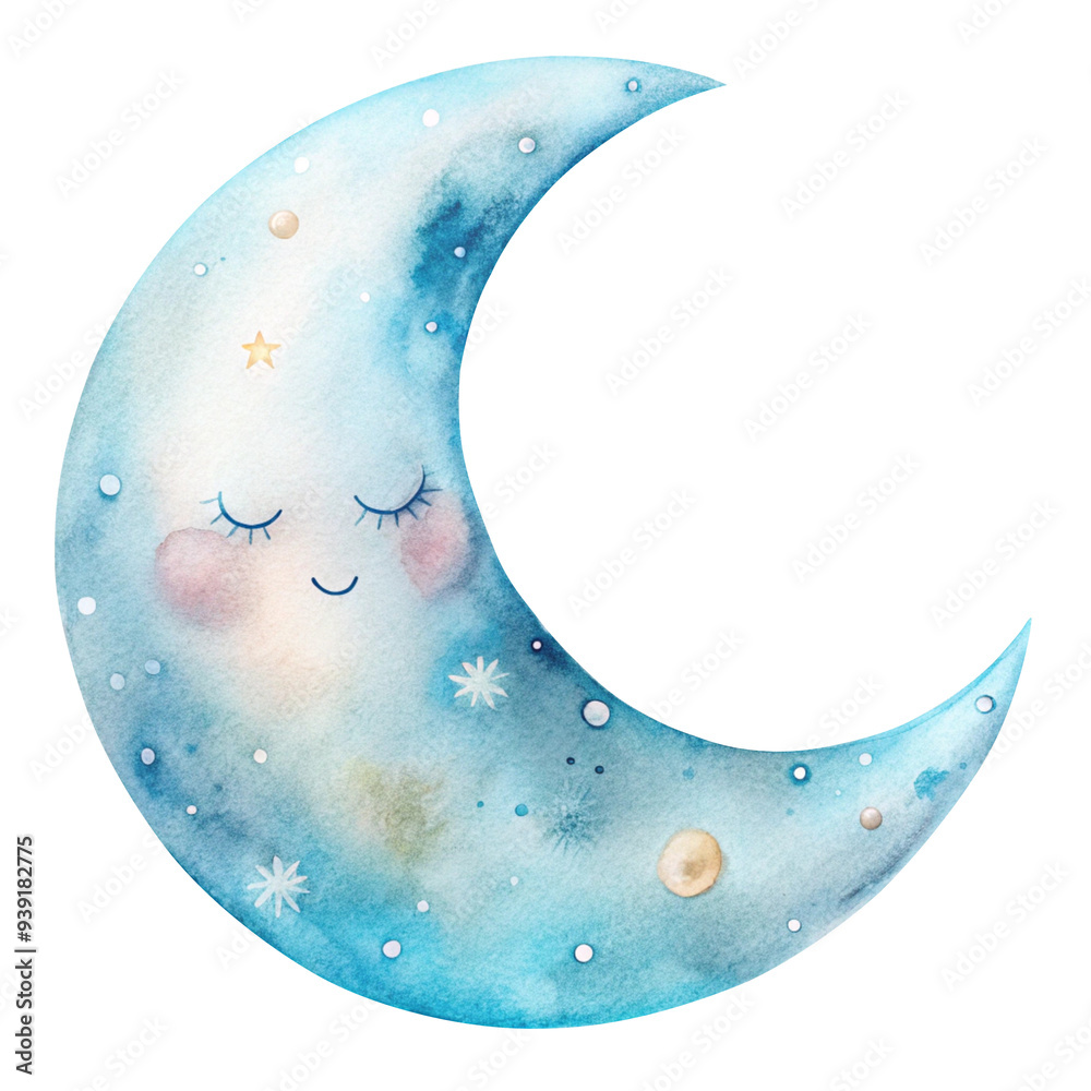 Whimsical watercolor illustration of a crescent moon with stars ...