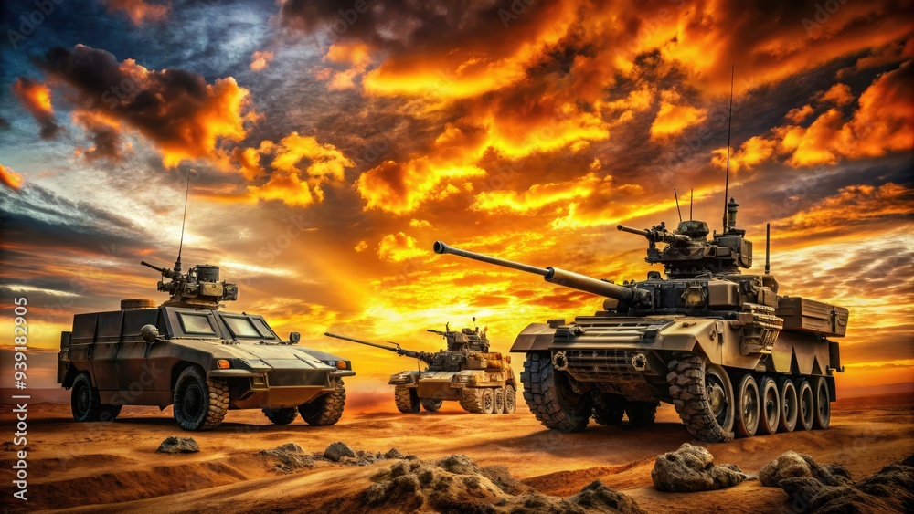 Rugged military equipment and weaponry outlines against a vibrant ...