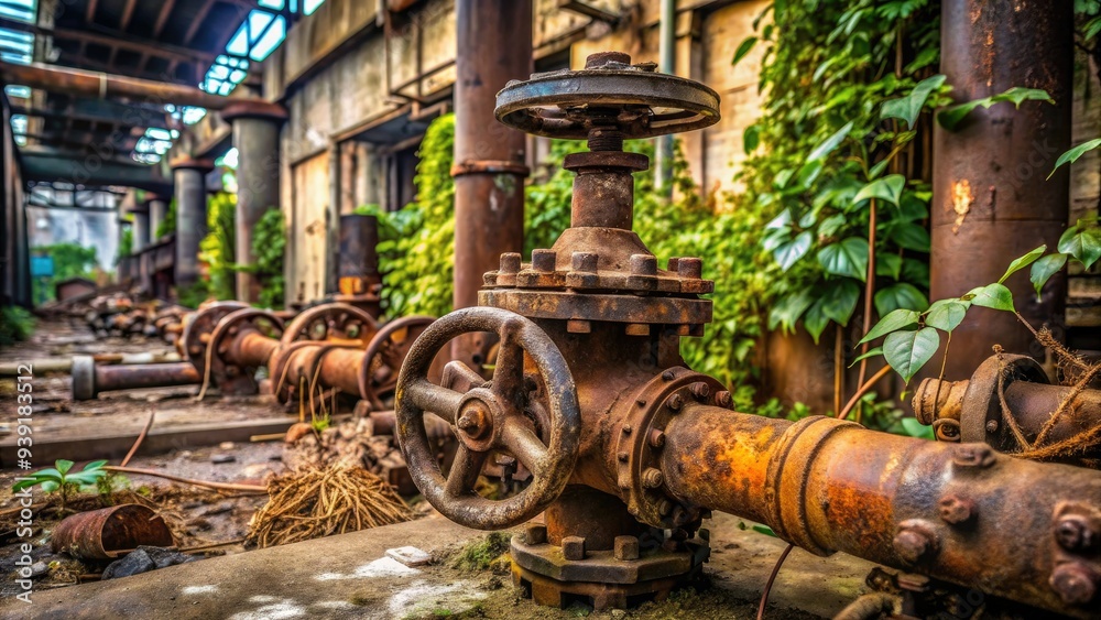 Rusted metal pipe with worn valves and fittings lies abandoned in a ...