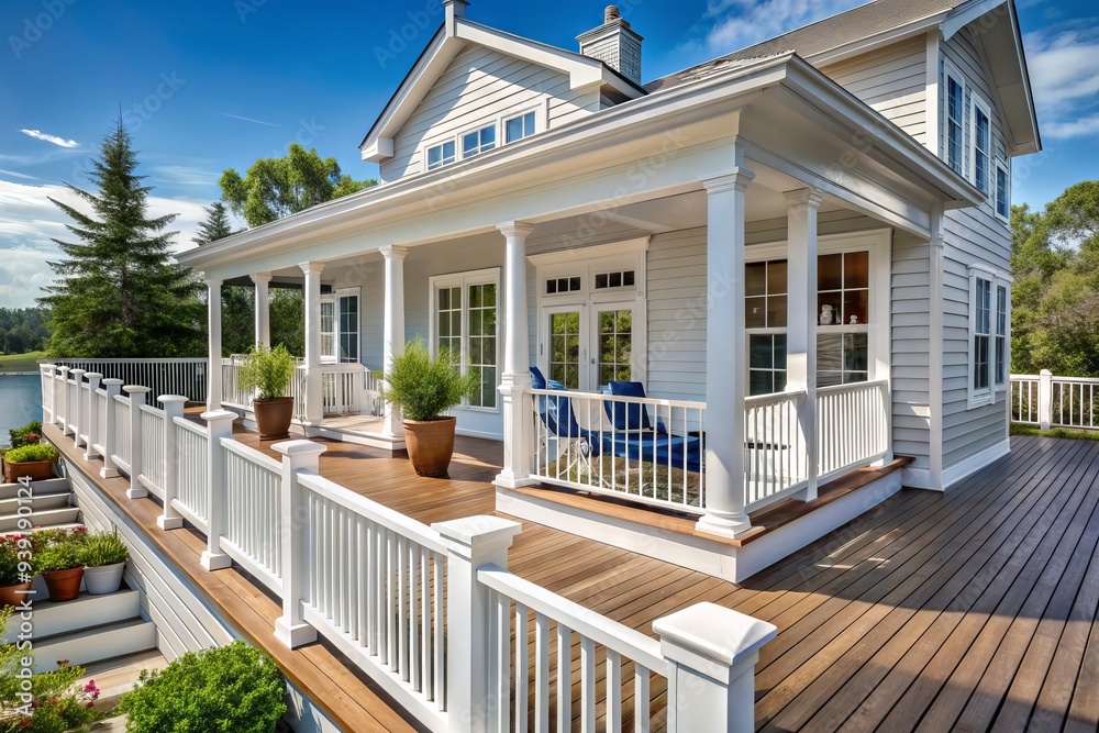 Coastal Farmhouse: White painted wooden deck railing with shiplap ...