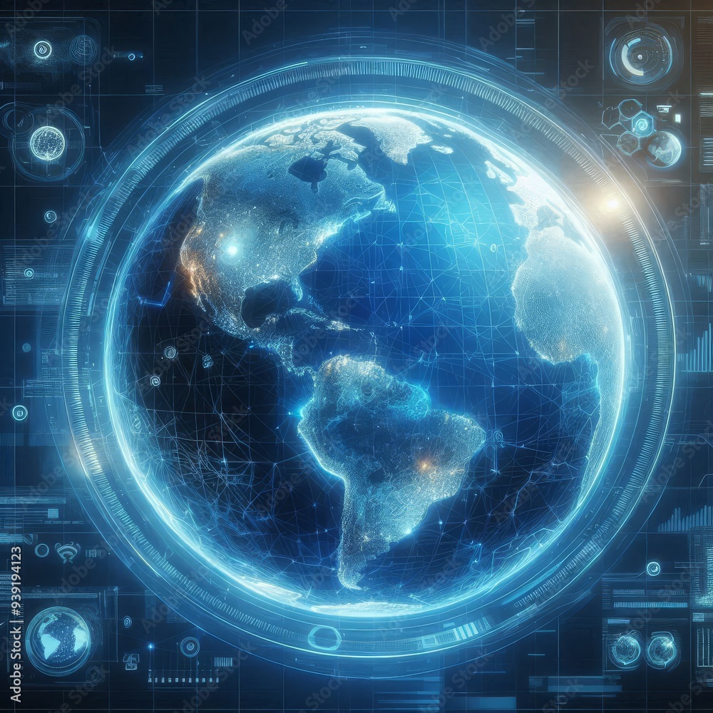 blue hologram globe with world map with glowing data streams, ai global ...