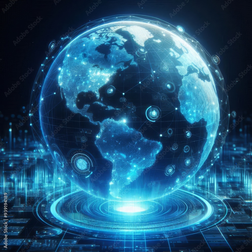 blue hologram globe with world map with glowing data streams, ai global ...