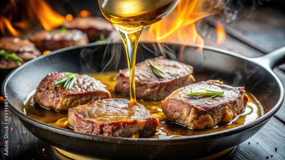 Sizzling meat drips juices onto a hot skillet, leaving a rich layer of ...