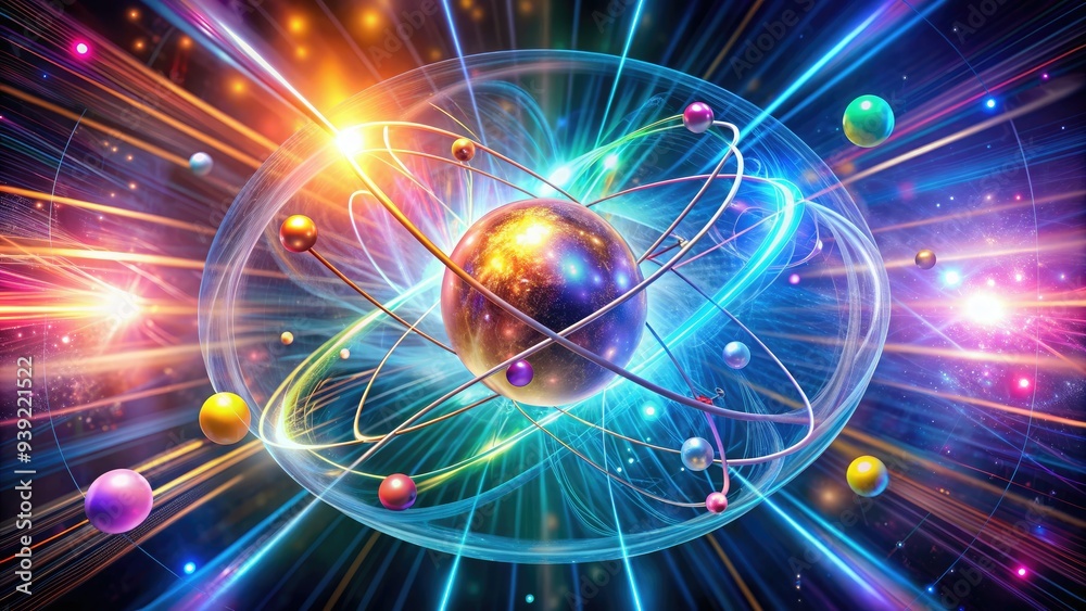 Vibrant 3D illustration of an ion symbol surrounded by swirling ...