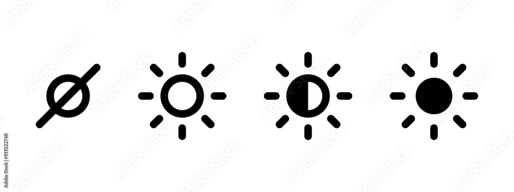 Screen brightness icon set. Display brightness control buttons ...