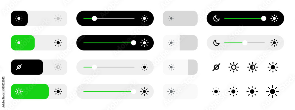 Brightness level icon set. Screen brightness settings interface element ...