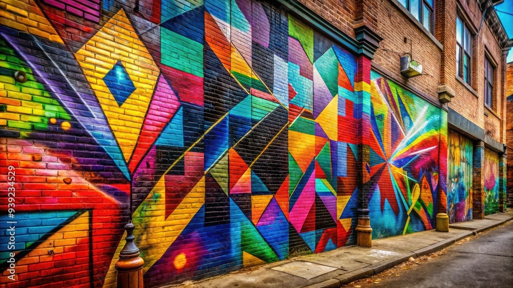 Vibrant graffiti artwork covers a worn, urban brick wall, with bold ...