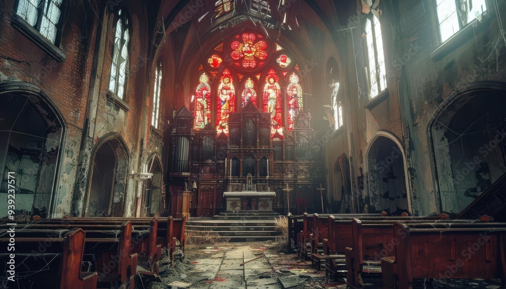 Abandoned church interior with broken pews, stained glass windows, and ...