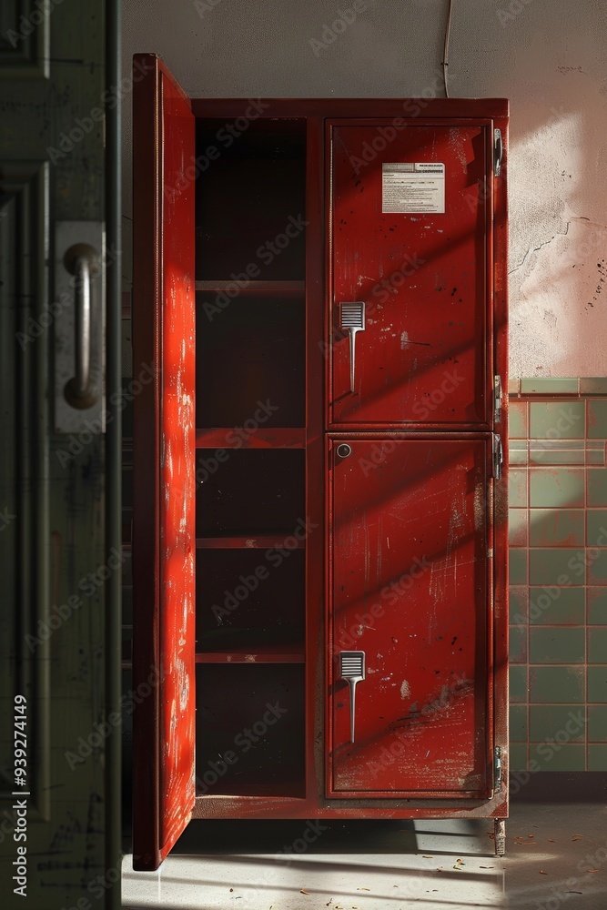 An old red locker with separate compartments, one door ajar revealing ...