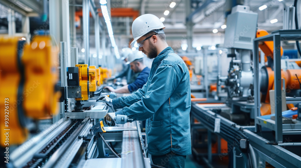 Factory Workers Assembling Products On A Production Line With Machines