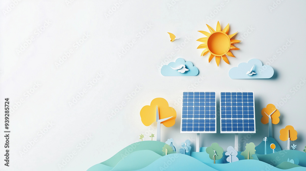 3d paper cut solar panels sun clouds green hills white background ...