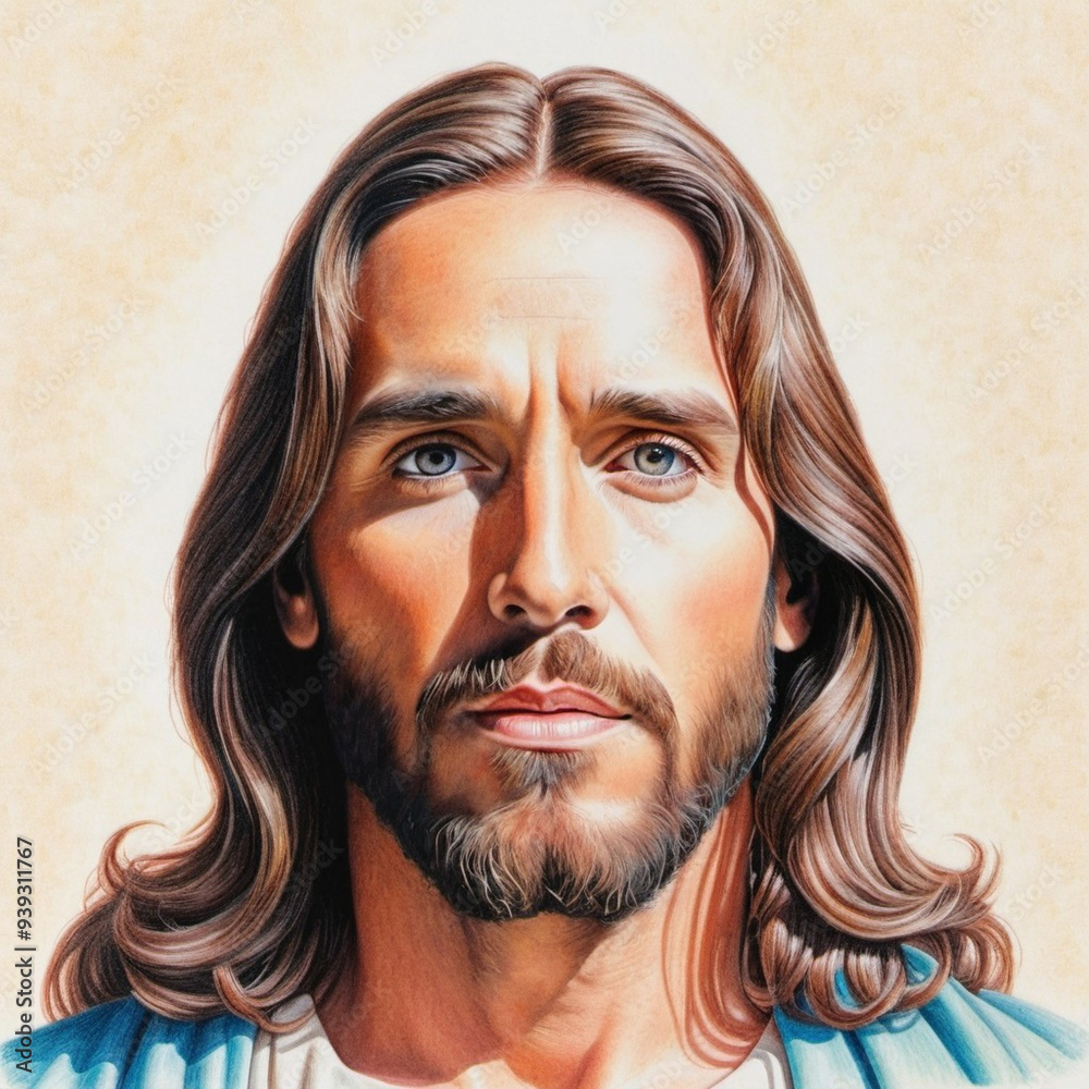 Portrait of a Man Dressed as Jesus. White robe. Long brown hair and ...