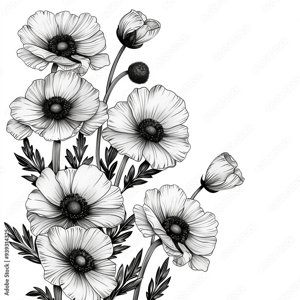 Beautiful anemones Black and white drawing floral illustration isolated ...