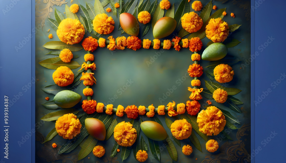 Marigold and Mango Leaves Garland Frame concept as Vertical frame with ...