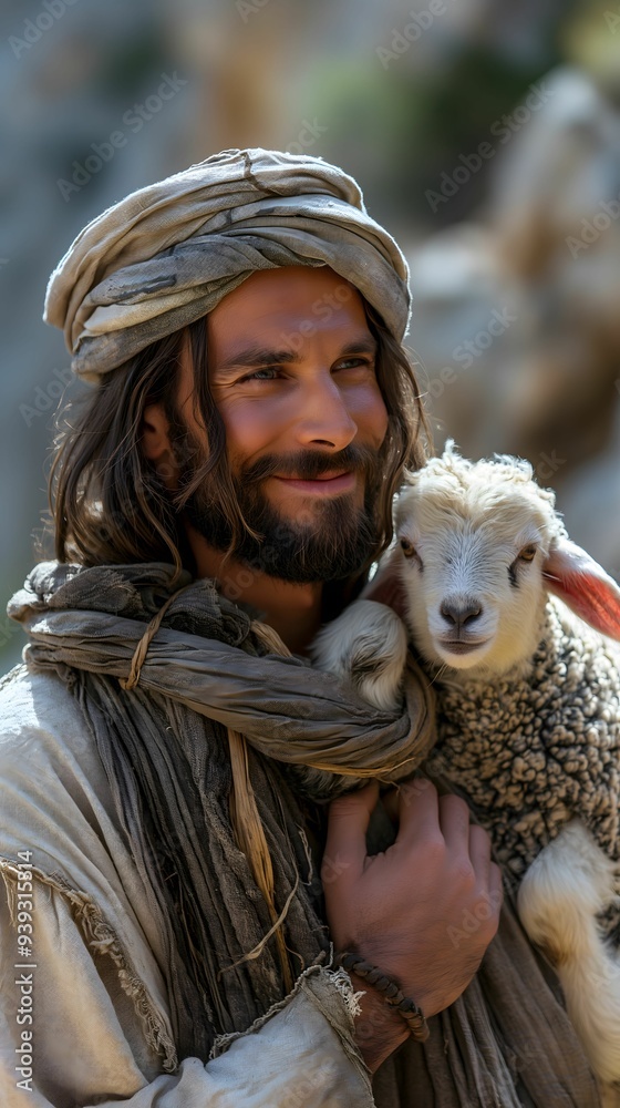 Biblical illustration, Jesus Carrying Lamb on His Shoulders Stock Photo ...
