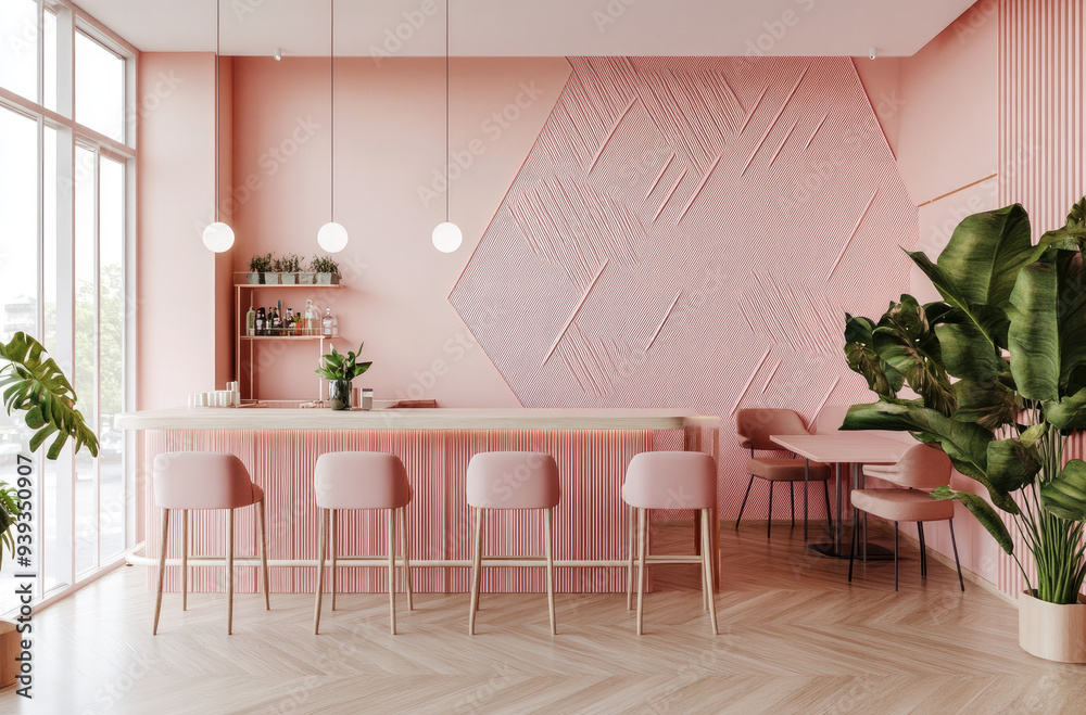 Modern interior design, a pink office waiting area with light wood ...