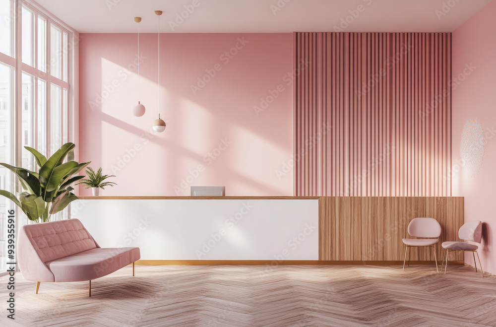 Modern interior design, a pink office waiting area with light wood ...