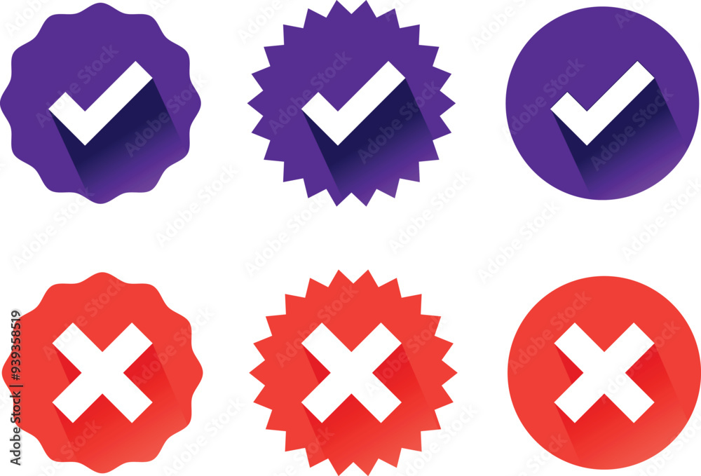 check mark, cross mark icon set. Isolated tick symbols, checklist signs, approval badge.vector ...
